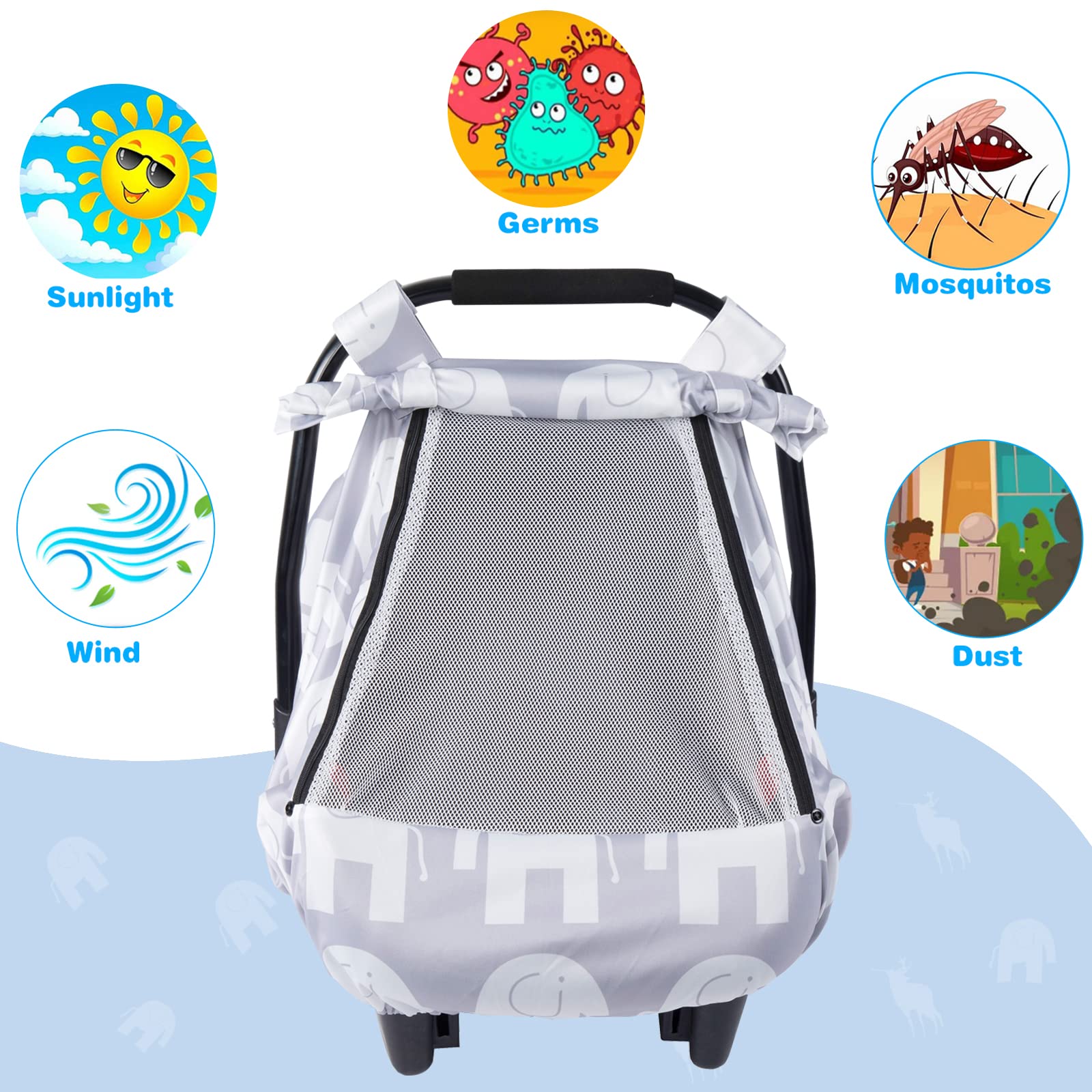 SMTTW Car Seat Cover for Babies, Stretchy Breathable Carseat Canopy with Peek Window, Multiuse Infant Stroller Cover for Baby Boys Girls, Privacy Sun Shade & Wind Protect for Summer (Elephant)