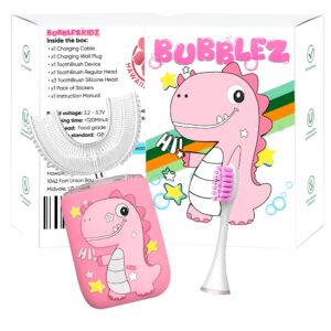 BubblezKidz – Kids Electric Toothbrush – U Shaped Dinosaur Cartoon – Ultra Sonic 6 brush Cleaning Modes w/ Smart Timer – Ages 2-18 Years Old – IPX7 Waterproof, Rechargeable, With Stickers