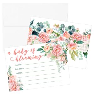 distinctivs floral baby shower party invitations - 10 fill in cards with envelopes - a baby is blooming - pink floral it's a girl themed supplies