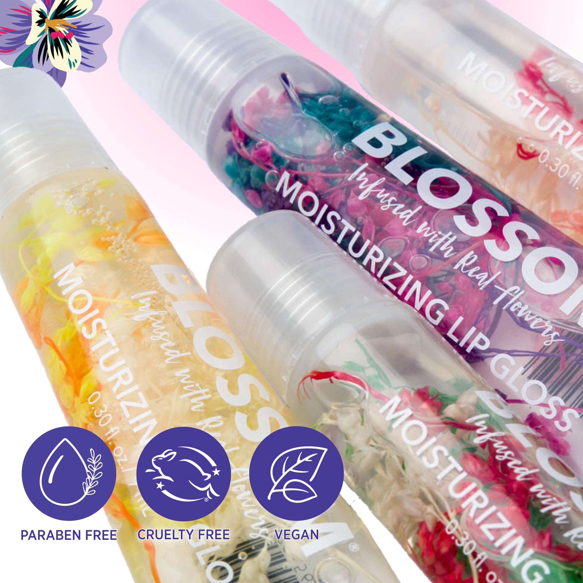 Blossom Flower Lip Gloss, High Shine Lip Gel, Scented, Thick Moisturizing Clear Lip Gloss Tubes with Nourishing Jojoba Seed Oil, Infused with Real Flowers, 0.3oz, Cotton Candy