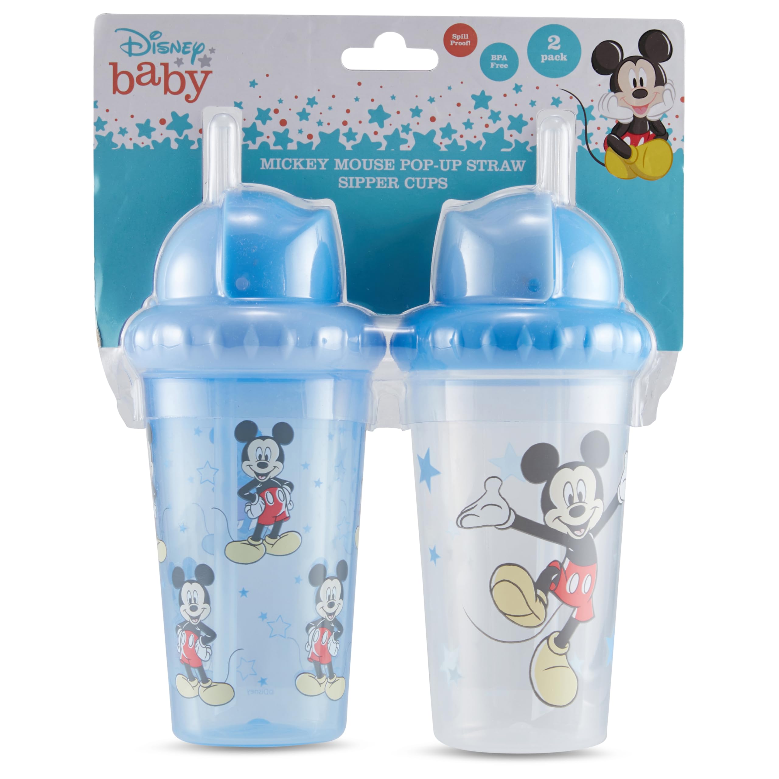 Disney Toddler Sippy Cups for Boys and Girls | 10 Ounce Sippy Cup Pack of Two with Straw and Lid | Durable Blue Leak Proof Travel Water Bottle for Toddlers