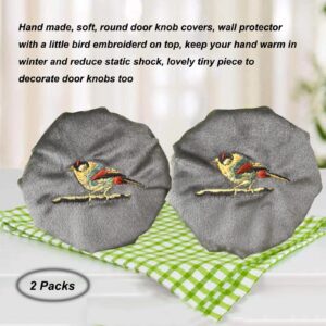 PANSHA Door Knob Cover Grey with Bird Embroidered 2 PCS, Soft Velvet Wall Protector, Decorative Door Knob Cushion Not to Dent Applicances