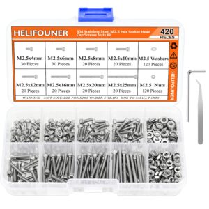 helifouner 420 pieces m2.5 x 4mm /6mm /8mm /10mm /12mm /16mm /20mm /25mm, hex socket head cap bolts screws washers nuts kit, 304 stainless steel