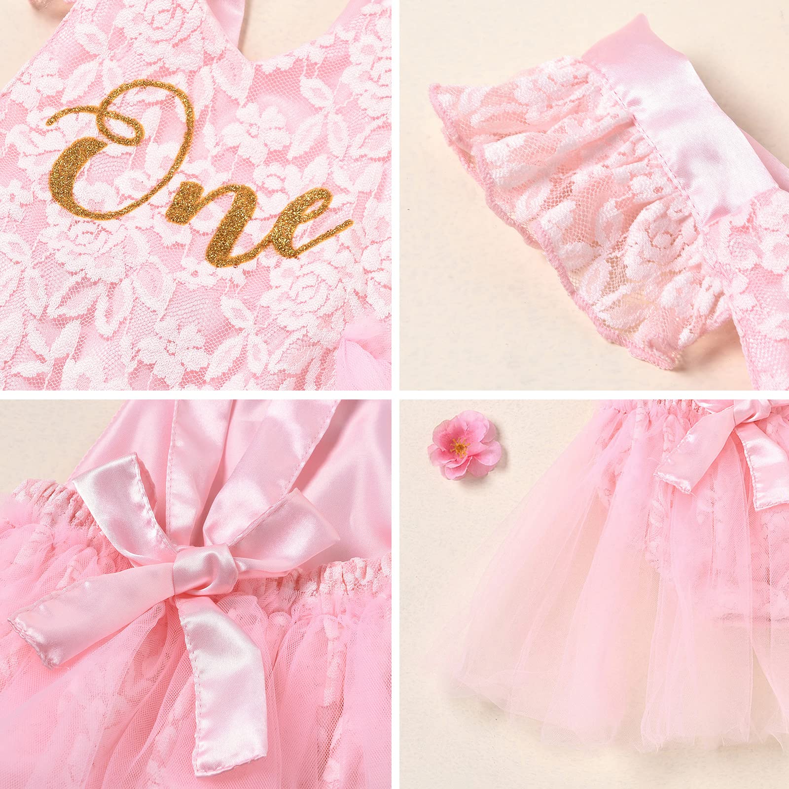 Baby Girl First Birthday Outfit Lace Tulle Romper Princess Tutu Dress One Year Old Birthday Cake Smash Photography Clothes Pink +Crown 12-18 Months