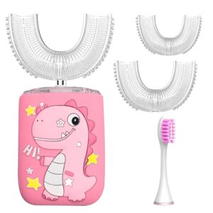 bubblezkidz – kids electric toothbrush – u shaped dinosaur cartoon – ultra sonic 6 brush cleaning modes w/ smart timer – ages 2-18 years old – ipx7 waterproof, rechargeable, with stickers