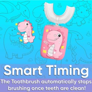 BubblezKidz – Kids Electric Toothbrush – U Shaped Dinosaur Cartoon – Ultra Sonic 6 brush Cleaning Modes w/ Smart Timer – Ages 2-18 Years Old – IPX7 Waterproof, Rechargeable, With Stickers