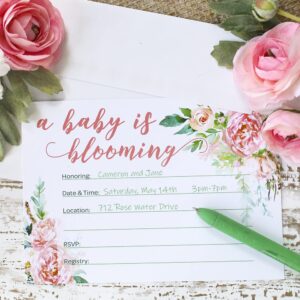 DISTINCTIVS Floral Baby Shower Party Invitations - 10 Fill In Cards with Envelopes - A Baby is Blooming - Pink Floral It's a Girl Themed Supplies