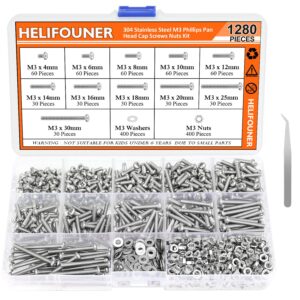 helifouner 1280 pieces m3 x 4mm /6mm /8mm /10mm /12mm /14mm /16mm /18mm /20mm /25mm / 30mm, phillips pan head machine screws, metric screws bolts washers nuts kit, 304 stainless steel