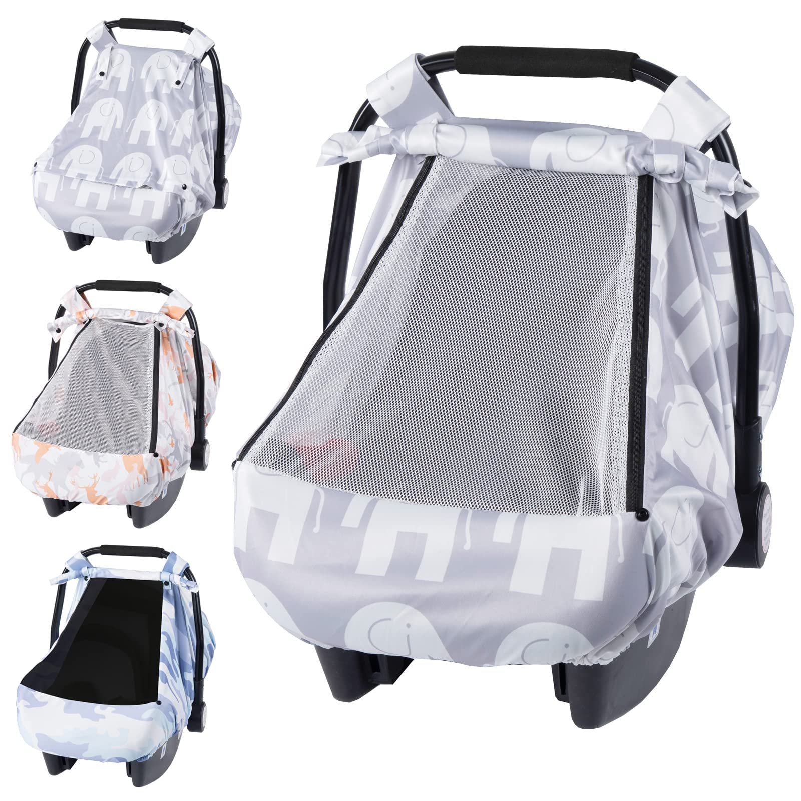 SMTTW Car Seat Cover for Babies, Stretchy Breathable Carseat Canopy with Peek Window, Multiuse Infant Stroller Cover for Baby Boys Girls, Privacy Sun Shade & Wind Protect for Summer (Elephant)