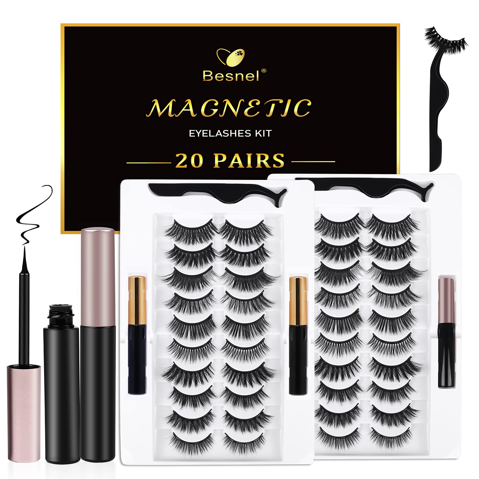 BESNEL Magnetic Eyelashes with 20 Pairs Premium 3D Different Density and 2 Lash Extension Tweezers for Women Girls Natural Look Reusable No Glue Needed