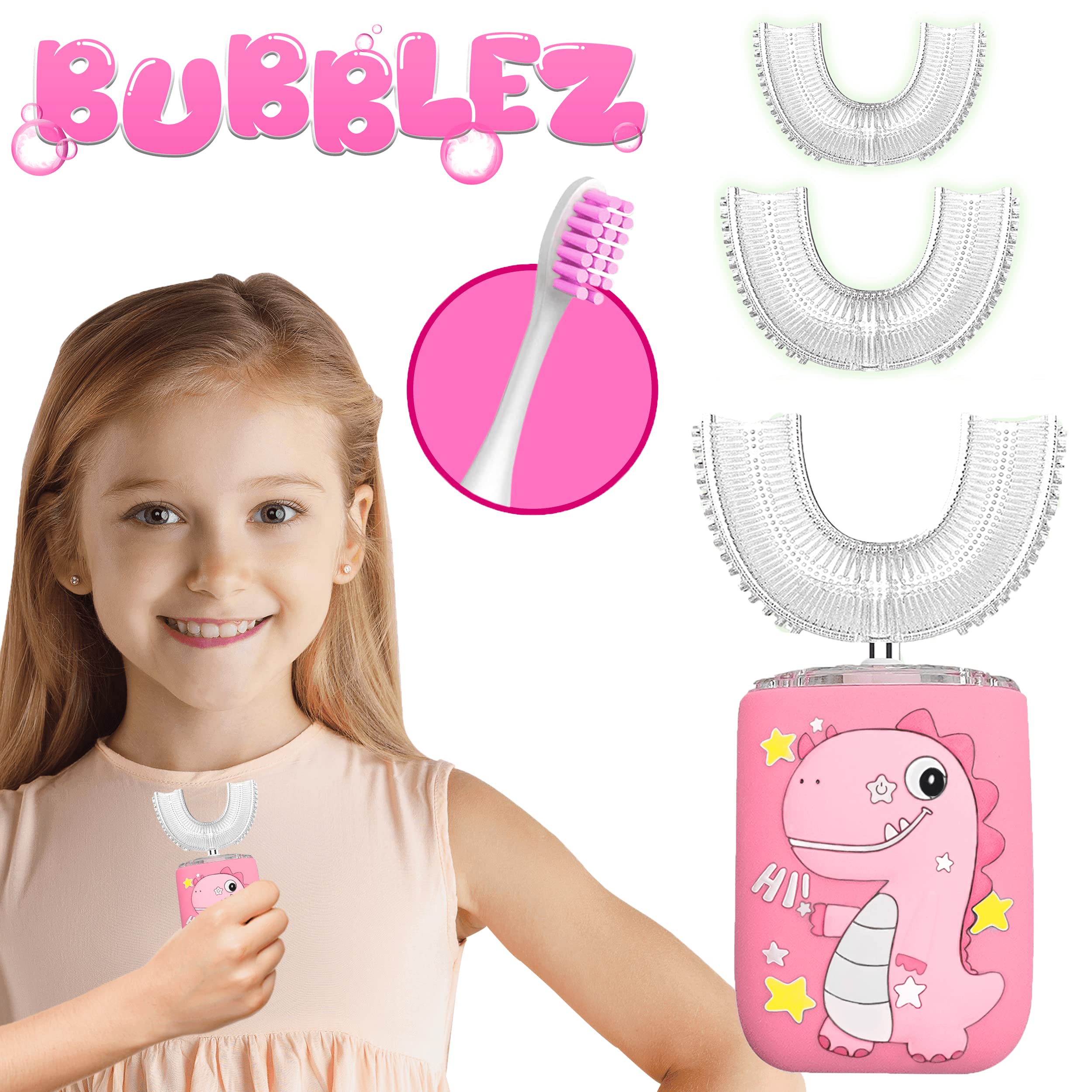 BubblezKidz – Kids Electric Toothbrush – U Shaped Dinosaur Cartoon – Ultra Sonic 6 brush Cleaning Modes w/ Smart Timer – Ages 2-18 Years Old – IPX7 Waterproof, Rechargeable, With Stickers