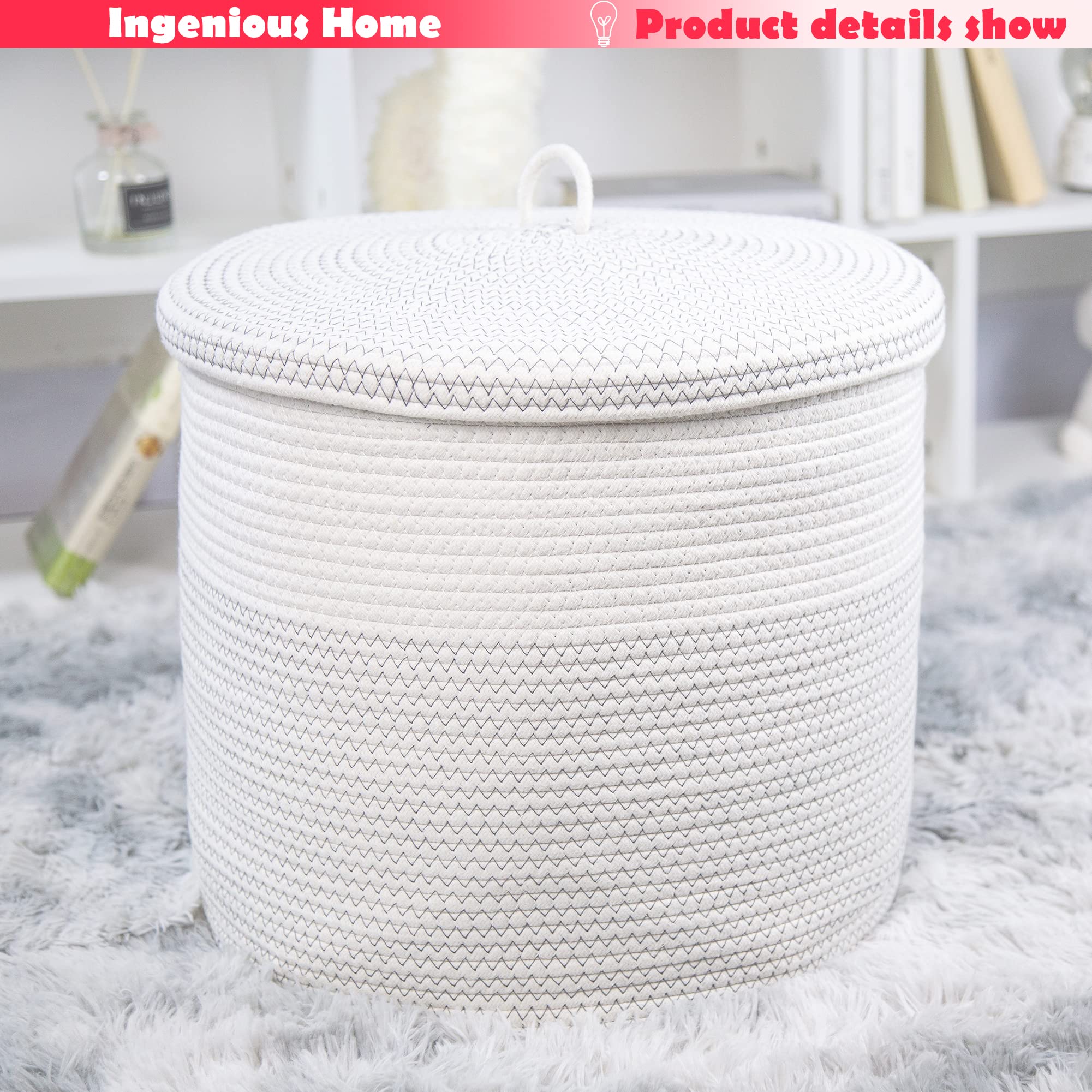 Ingenious Home –basket with lid, woven baskets for storage, nursery hamper with lid, for room living room decorative storage， multi-Purpose lidded basket( Gray line 16D x 14H inch)