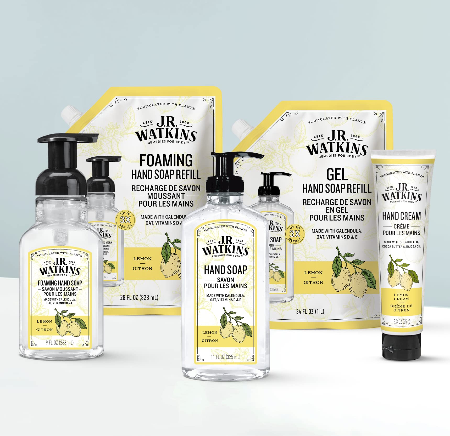 J.R. Watkins Gel Hand Soap Refill, Moisturizing Hand Wash, All Natural, Alcohol-Free, Cruelty-Free, USA Made, Lemon, 34 Fl Oz, 3 Pack