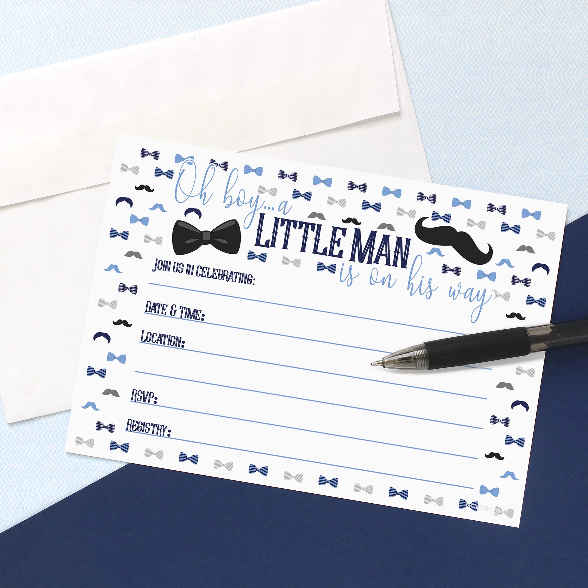 DISTINCTIVS It's a Boy Little Man Themed Baby Shower Invitations - 10 Fill In Invite Cards with White Envelopes - Bowties and Mustaches