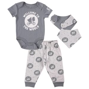 happy threads e.t. the extra-terrestrial boys infant short sleeve one piece bodysuit jogging pants and bandana scarf bib (grey/multi, 3-6 months)