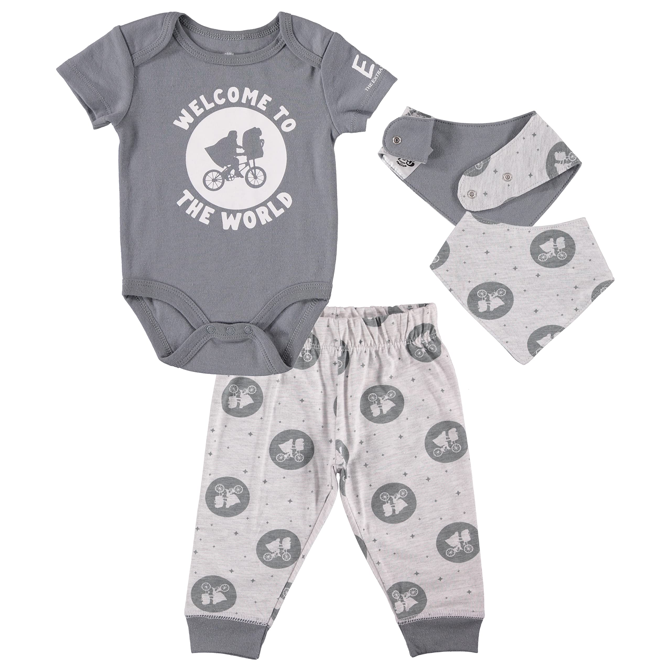 Happy Threads E.T. the Extra-Terrestrial Boys Infant Short Sleeve One Piece Bodysuit Jogging Pants and Bandana Scarf Bib (Grey/Multi, 3-6 Months)