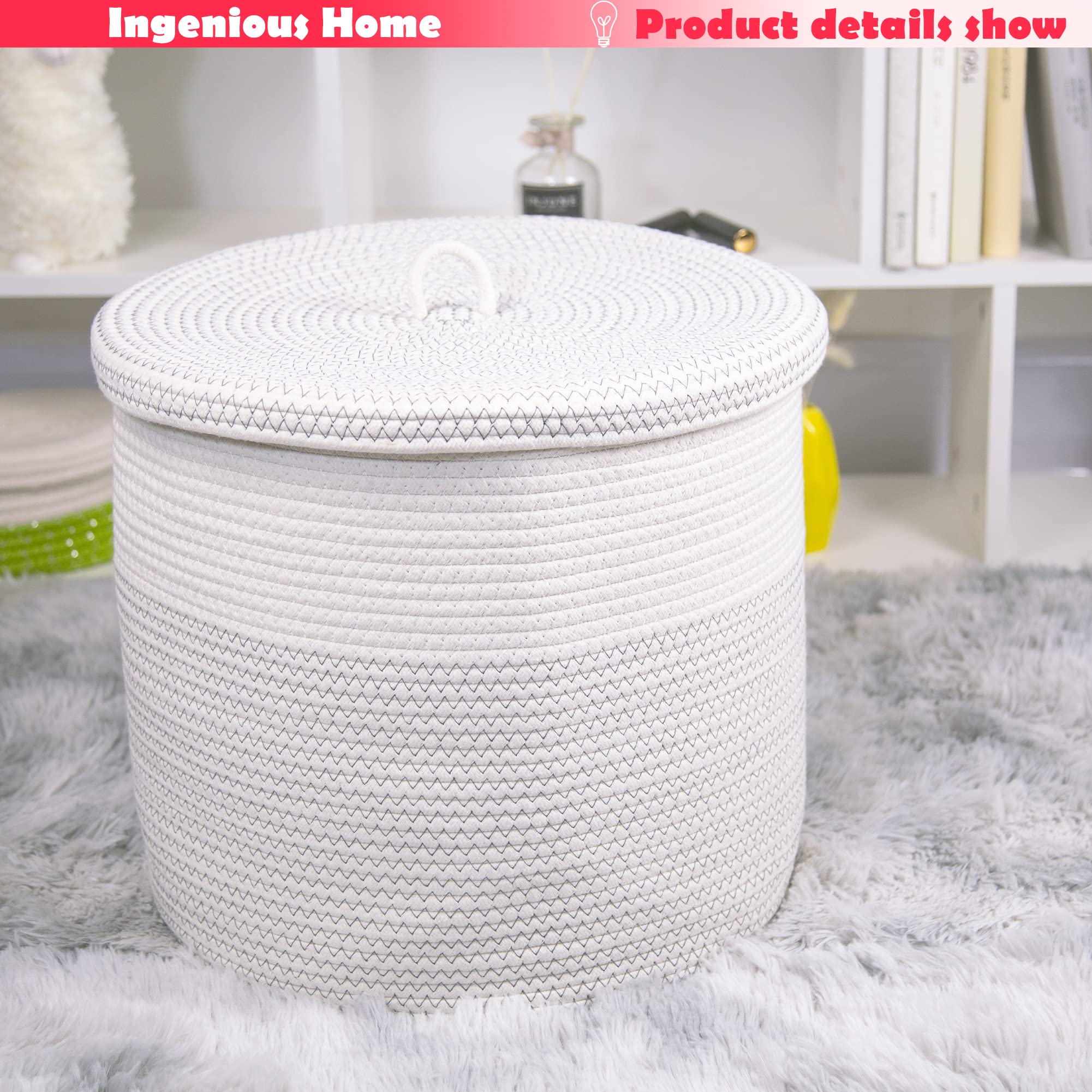 Ingenious Home –basket with lid, woven baskets for storage, nursery hamper with lid, for room living room decorative storage， multi-Purpose lidded basket( Gray line 16D x 14H inch)