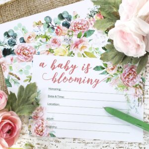 DISTINCTIVS Floral Baby Shower Party Invitations - 10 Fill In Cards with Envelopes - A Baby is Blooming - Pink Floral It's a Girl Themed Supplies