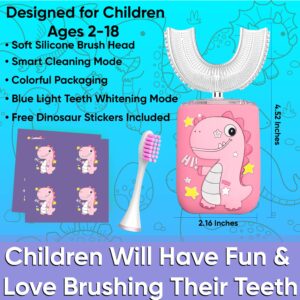 BubblezKidz – Kids Electric Toothbrush – U Shaped Dinosaur Cartoon – Ultra Sonic 6 brush Cleaning Modes w/ Smart Timer – Ages 2-18 Years Old – IPX7 Waterproof, Rechargeable, With Stickers