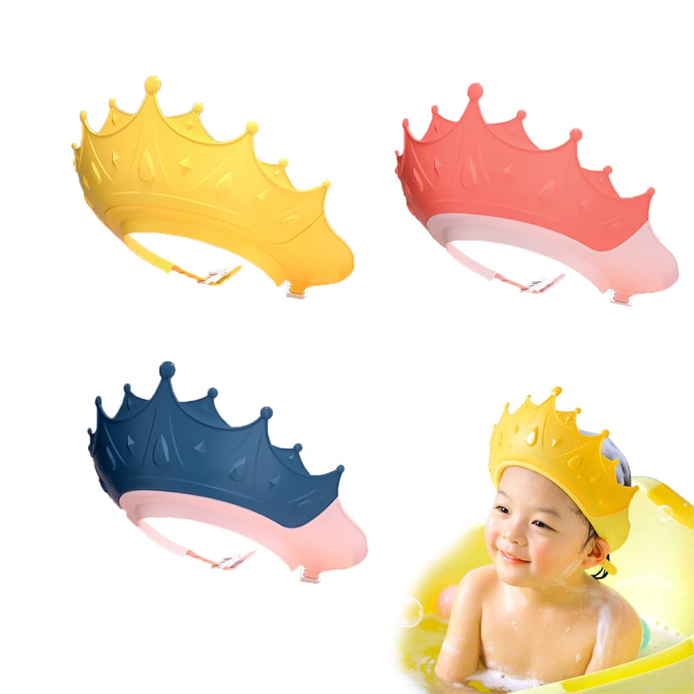 Baby Shower Cap Shield,Adjustable Toddler Waterproof Shampoo Hat for Children, Funny Waterproof Visor & Elastic Ring Hat (3Pcs-（Yellow+Blue+Pink）)