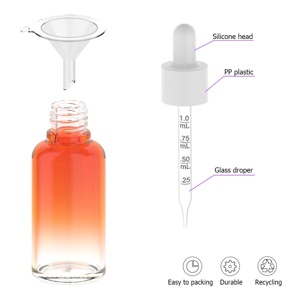 Jagolain Eye Dropper Bottles 1oz (Gradient Colored Glass Bottle 30ml with White Caps, Funnel) Empty Tincture Bottles for Essential Oils, Perfume (30 pack, orange)