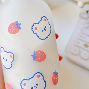 JHTPSLR Strawberry Bear Glass Water Bottle with Nipple Sippy 11oz Kawaii Water Bottle for Adults Sports Office Cute Frosted Borosilicate Drinking Bottle Portable Water Jug (B)