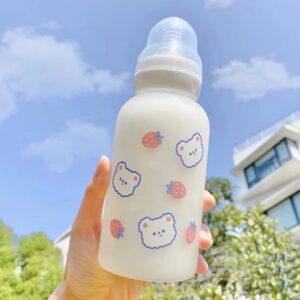 jhtpslr strawberry bear glass water bottle with nipple sippy 11oz kawaii water bottle for adults sports office cute frosted borosilicate drinking bottle portable water jug (b)