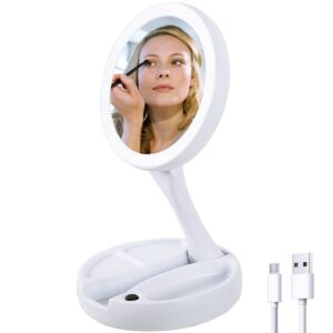 softfree lighted folding makeup mirror, 1x/10x magnification double sided mirror, 5.9inch led vanity mirror for travel, home (white)