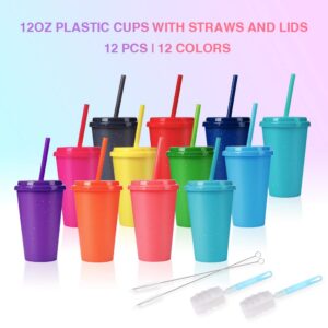 Tumblers Kids Cups with Straws & Lids: 12 Pack 12 oz Colored Reusable Plastic Drinking Cups - Cute Toddlers Cups for Cold Iced Drink - Bulk Children Travel Tumblers