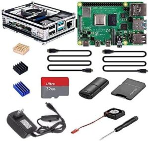 vemico pi 4 model b 8gb starter kit with card, heatsinks, cooling fan, hd out cable, power supply, case card readers, screwdriver