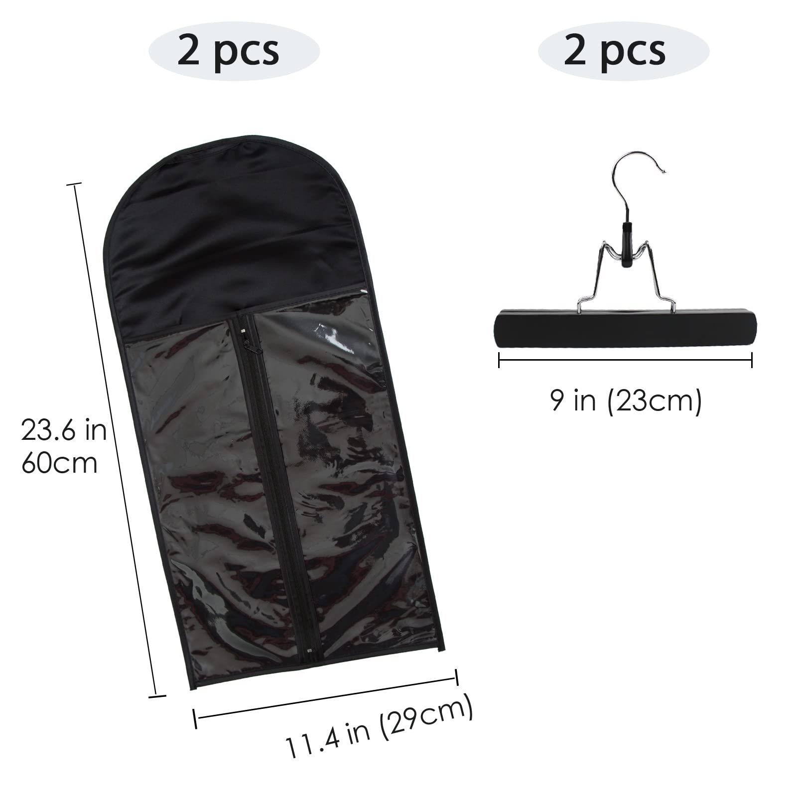 2 Pack Hair Extension Holder with Satin Storage Bag Wig Hanger Hairpieces Bag Wigs Carrier Case for Store Style Human Synthetic Hair Black Color