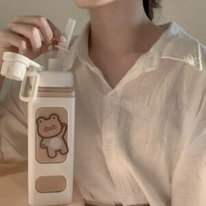 kawaii water bottle with straw and sticker 23.6oz cute water bottle for kids girls no leak large sport plasti portable square drinking bottle for kids girls school supplies, white, 24