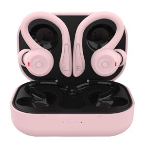 pink wireless earbuds with earhooks bluetooth earbuds with ear hook waterproof sport headphones noise cancelling ear buds with microphone long battery life earphones for running workout android ios