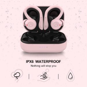 Pink Wireless Earbuds with Earhooks Bluetooth Earbuds with Ear Hook Waterproof Sport Headphones Noise Cancelling Ear Buds with Microphone Long Battery Life Earphones for Running Workout Android iOS