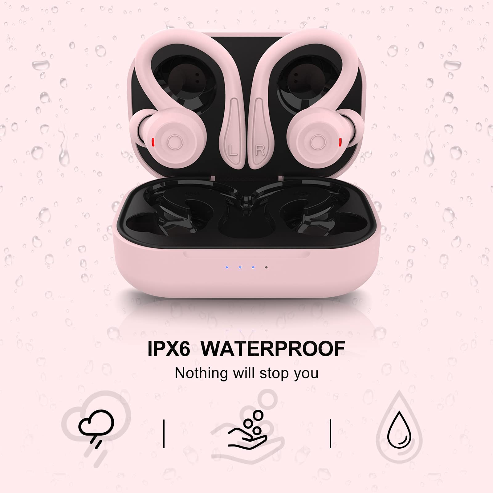 Pink Wireless Earbuds with Earhooks Bluetooth Earbuds with Ear Hook Waterproof Sport Headphones Noise Cancelling Ear Buds with Microphone Long Battery Life Earphones for Running Workout Android iOS