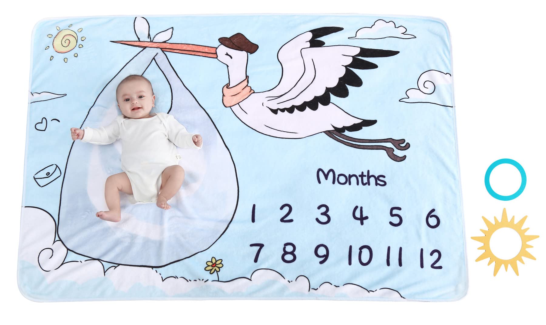 Baby Monthly Milestone Blanket Stork Carrying Baby Newborn Month Flannel Fleece Blanket Neutral Unisex Baby Boy Baby Girl Shower Gifts Double Sided Star 60" L x 40" W