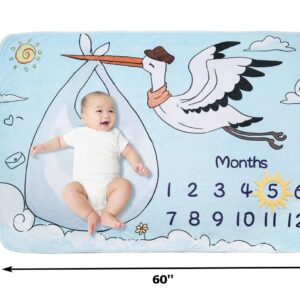 Baby Monthly Milestone Blanket Stork Carrying Baby Newborn Month Flannel Fleece Blanket Neutral Unisex Baby Boy Baby Girl Shower Gifts Double Sided Star 60" L x 40" W