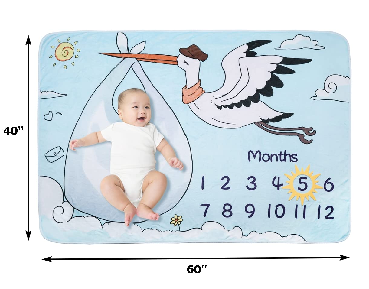 Baby Monthly Milestone Blanket Stork Carrying Baby Newborn Month Flannel Fleece Blanket Neutral Unisex Baby Boy Baby Girl Shower Gifts Double Sided Star 60" L x 40" W