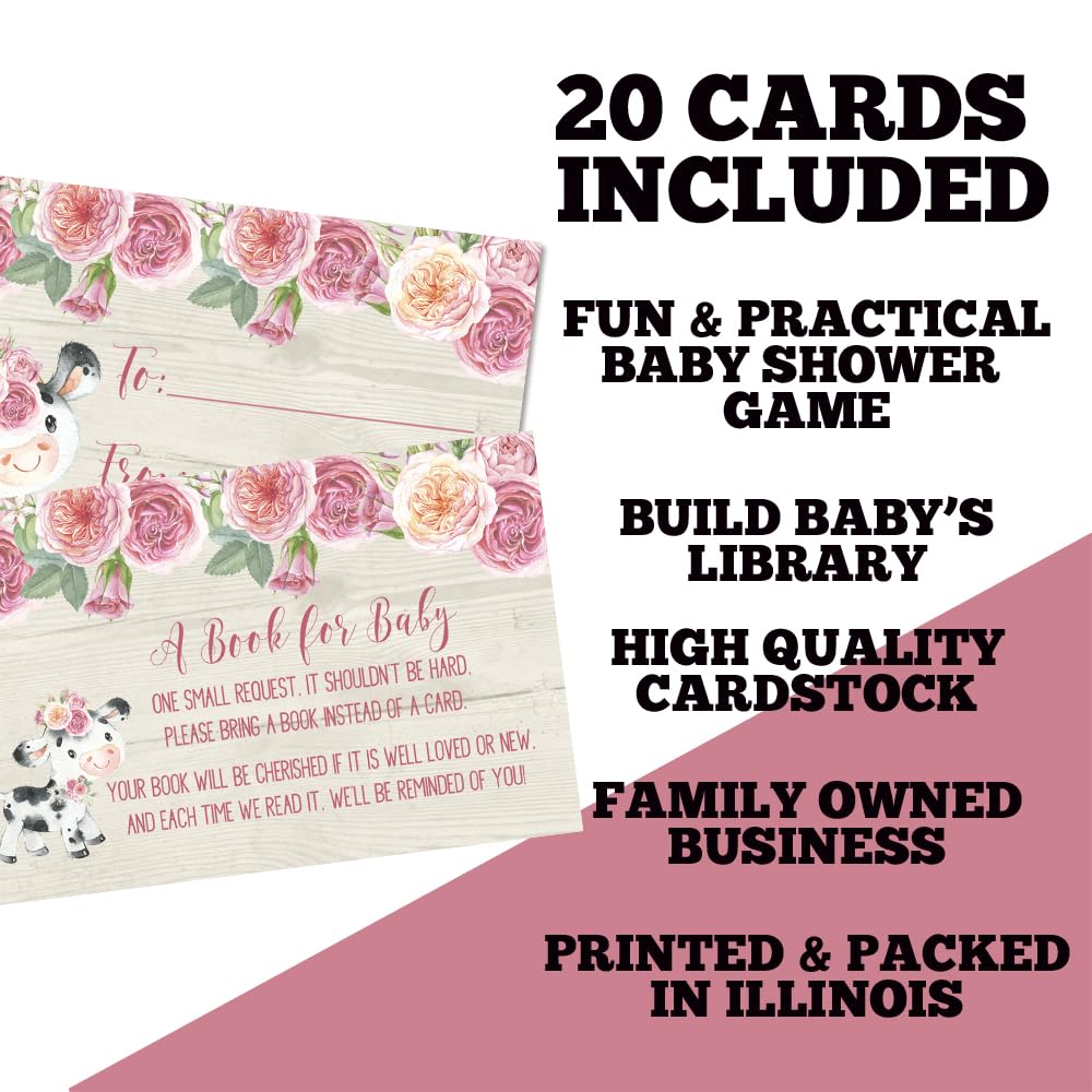 Amanda Creation Watercolor Pink Floral Cow “Bring a Book” Cards for Baby Showers, 20 2.5 by 4 Inch Double Sided Insert Cards, Invite Guests to Bring a Book for the Baby