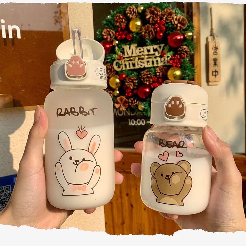 BXCNCKD Kawaii water bottle cute water bottle with straw glass safety water bottle portable strap water bottle(Bunny,500ml)