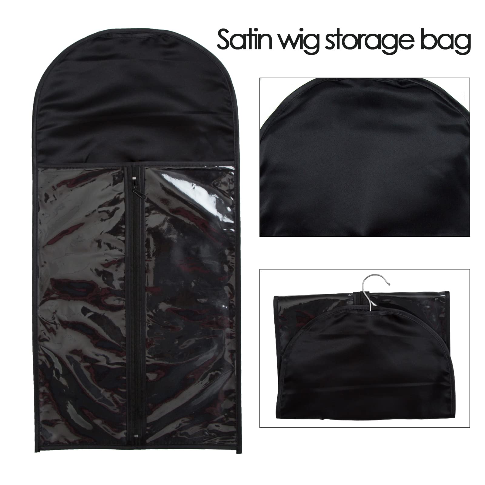 2 Pack Hair Extension Holder with Satin Storage Bag Wig Hanger Hairpieces Bag Wigs Carrier Case for Store Style Human Synthetic Hair Black Color