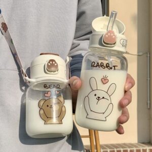 BXCNCKD Kawaii water bottle cute water bottle with straw glass safety water bottle portable strap water bottle(Bunny,500ml)