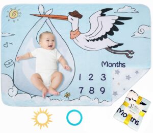 baby monthly milestone blanket stork carrying baby newborn month flannel fleece blanket neutral unisex baby boy baby girl shower gifts double sided star 60" l x 40" w