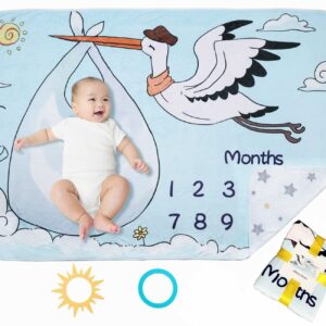 Baby Monthly Milestone Blanket Stork Carrying Baby Newborn Month Flannel Fleece Blanket Neutral Unisex Baby Boy Baby Girl Shower Gifts Double Sided Star 60" L x 40" W