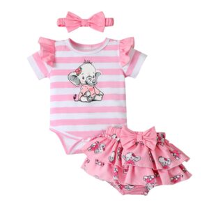 pennsoy baby girl clothes newborn infant elephant print summer outfits ruffle short sleeve romper jumpsuit with headband 3pcs pink 3-6m