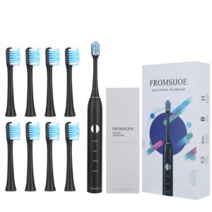 fromsijoe sonic electric toothbrush,ultra whitening toothbrush with 8 brush heads & travel case,3 modes,2 minutes smart timer,3 hours fast charge for 30 days-8 dupont brush heads included-black