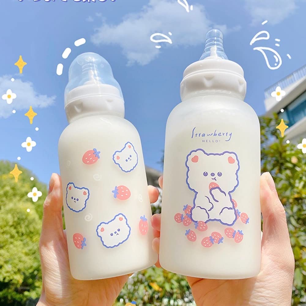 JHTPSLR Strawberry Bear Glass Water Bottle with Nipple Sippy 11oz Kawaii Water Bottle for Adults Sports Office Cute Frosted Borosilicate Drinking Bottle Portable Water Jug (B)