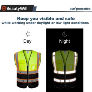 BeautyWill Custom Mesh Safety Vest Customized Logo Class2 High Visibility Reflective Vest with Pockets Construction workwear （Yellow Black，L ）