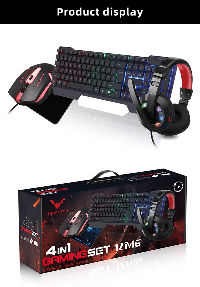 Gaming Keyboard and Mouse and Mouse pad and Gaming Headset, Wired LED RGB Backlight Bundle for PC Gamers and Xbox and PS4 Users - 4 in 1, Multi