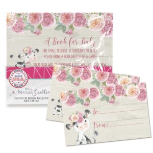 amanda creation watercolor pink floral cow “bring a book” cards for baby showers, 20 2.5 by 4 inch double sided insert cards, invite guests to bring a book for the baby